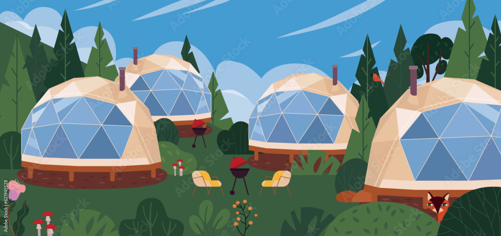 Cartoon camp with grill. Vector illustration of a green natural ...