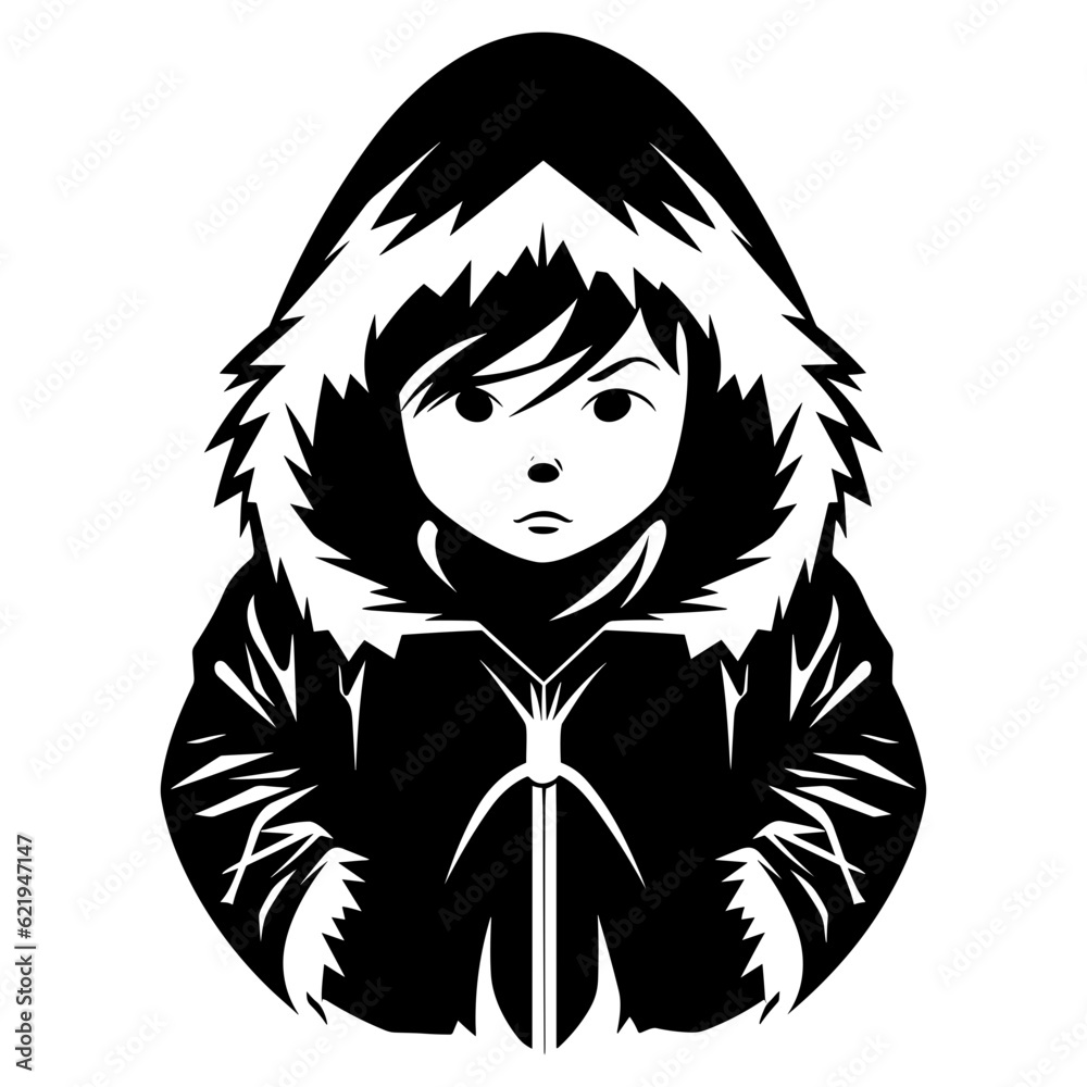 Inuit character in snowsuit fur coat black silhouette svg vector Stock ...
