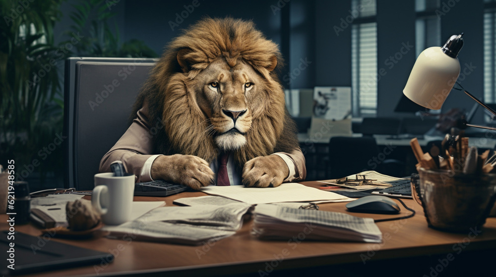 Commercial photo of a Lion in the office in formal dress, Lion in the ...