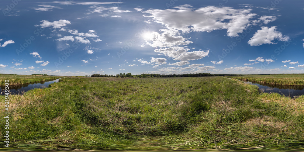 spherical 360 hdri panorama among green grass farming field near ...