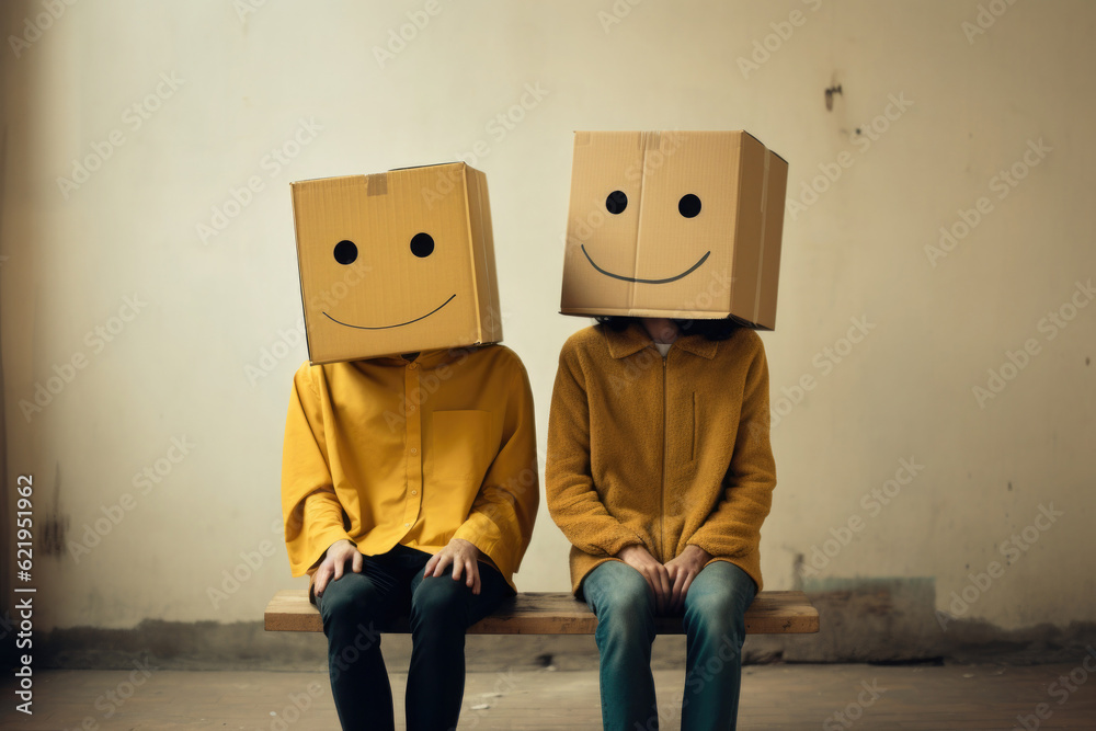 Man and woman with faces painted on cardboard boxes on their heads ...