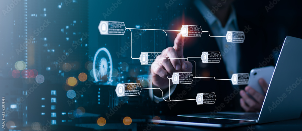 Poster The blockchain technology concept is illustrated using a chain ...