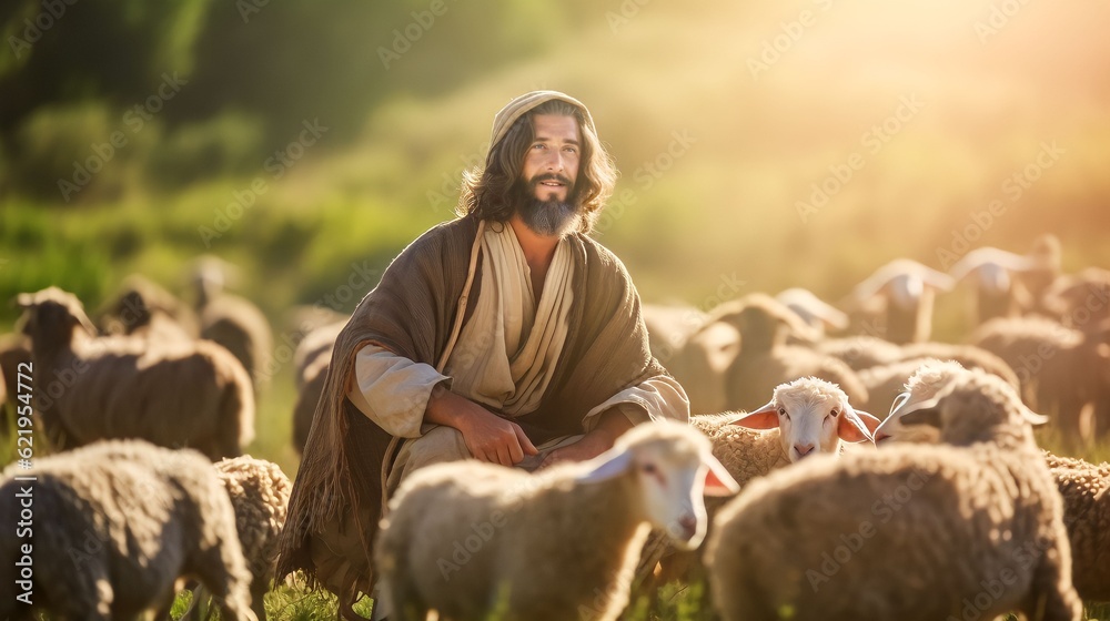 Shepherd Jesus Christ leading the sheep and praying to God and in the ...