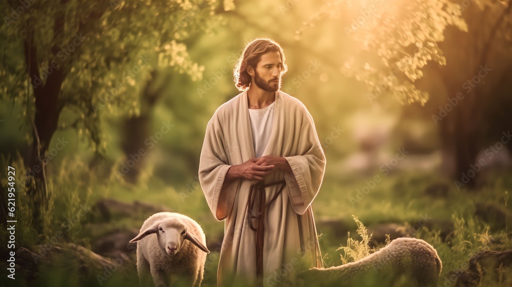 Shepherd Jesus Christ leading the sheep and praying to God and in the ...