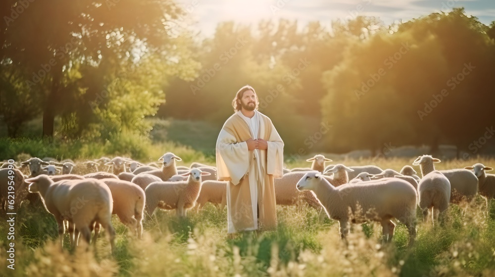 Shepherd Jesus Christ leading the sheep and praying to God and in the ...