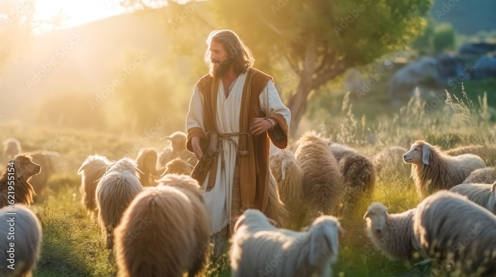 Shepherd Jesus Christ leading the sheep and praying to God and in the ...