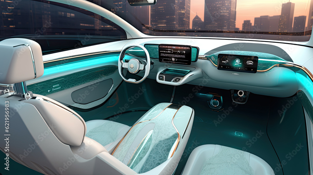 Inside futuristic car. Neon auto, modern interior and road grid ...