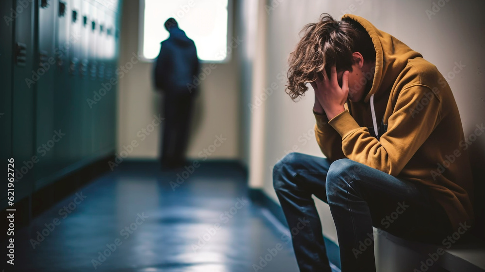 Teenage boy bullying sitting by locker against school corridor ...