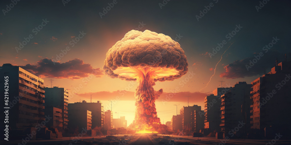 City Explosion Concept Illustration. Blinding Flash in the sky over big ...