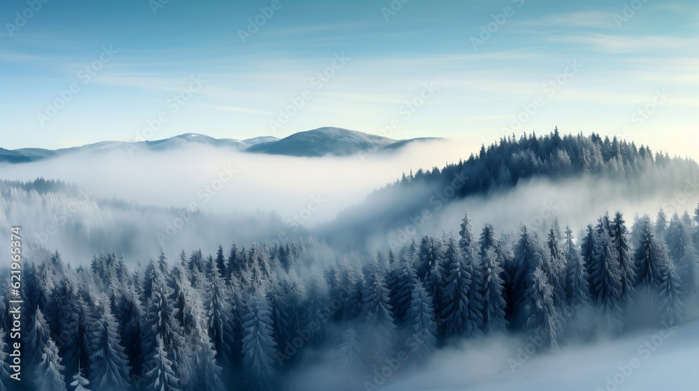 Amazing mystical rising fog sky forest snow snowy trees landscape ...