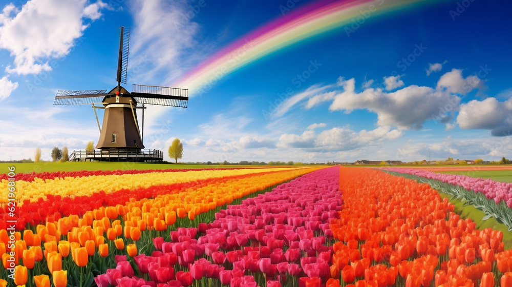 Panorama of landscape with blooming colorful tulip field, traditional ...