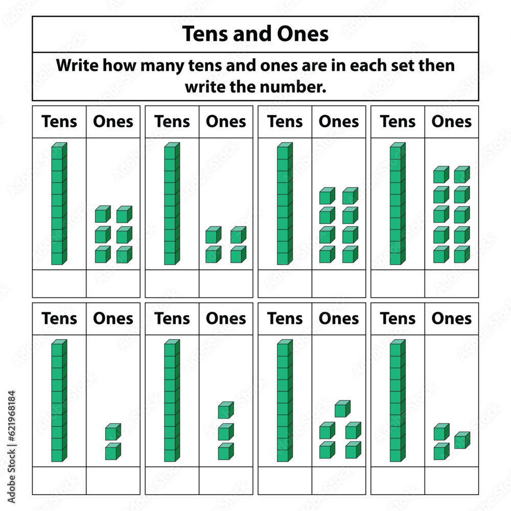 Place Value tens and ones. 10 blocks. and single blocks. Vector ...