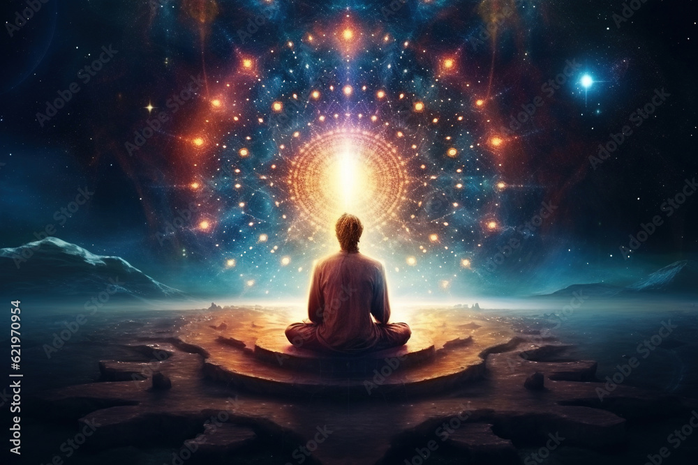 Spiritual meditation space with cosmic imagery, chakras, prana, and ...