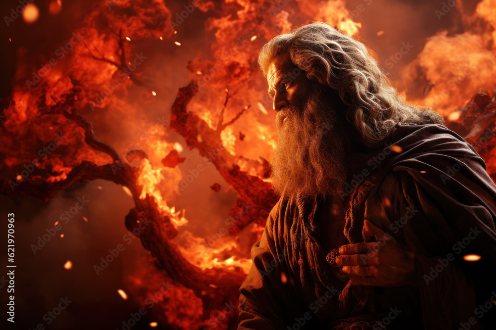 Gods appearance to Moses at the burning bush in the desert on Mount ...