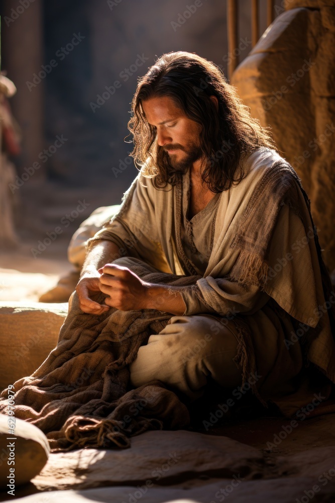 Jesus Christ seated in the streets of the city of Jerusalem in a moment ...