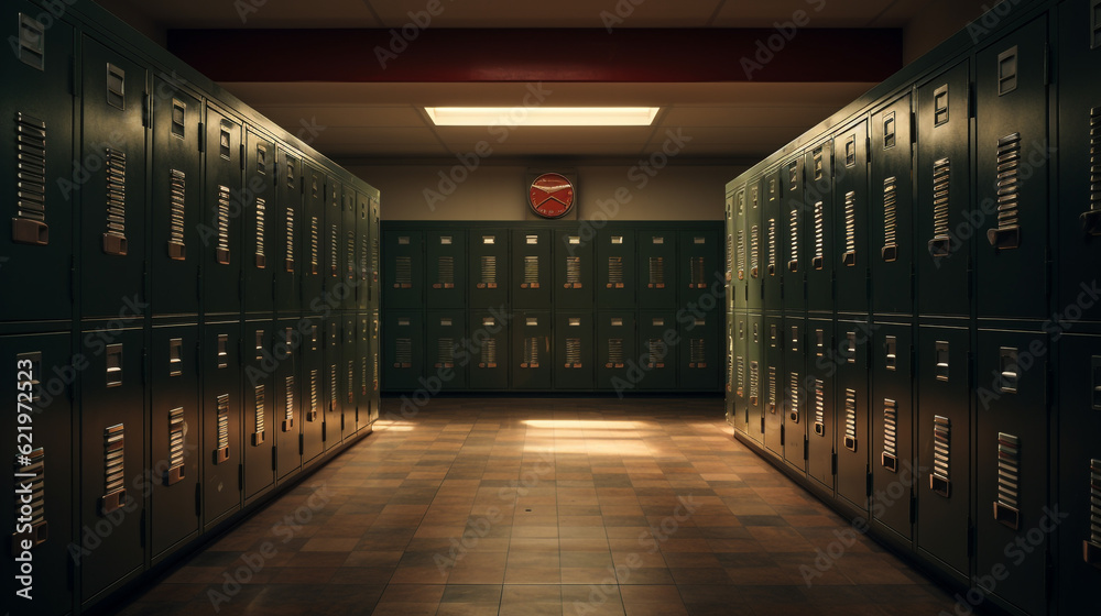 A row of colorful lockers in a school corridor, with empty name tags ...