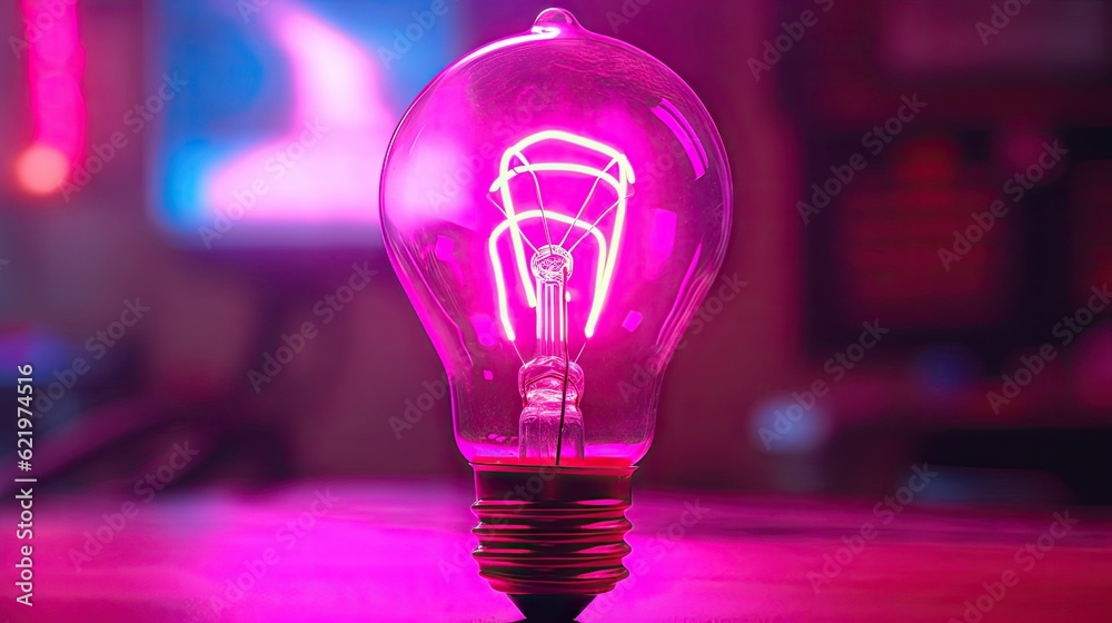 A close - up view of a neon light bulb with a vivid pink filament ...