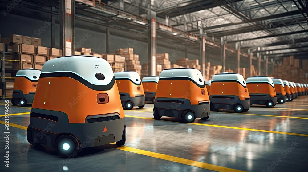 A fleet of autonomous mobile robots autonomously navigating the shop ...