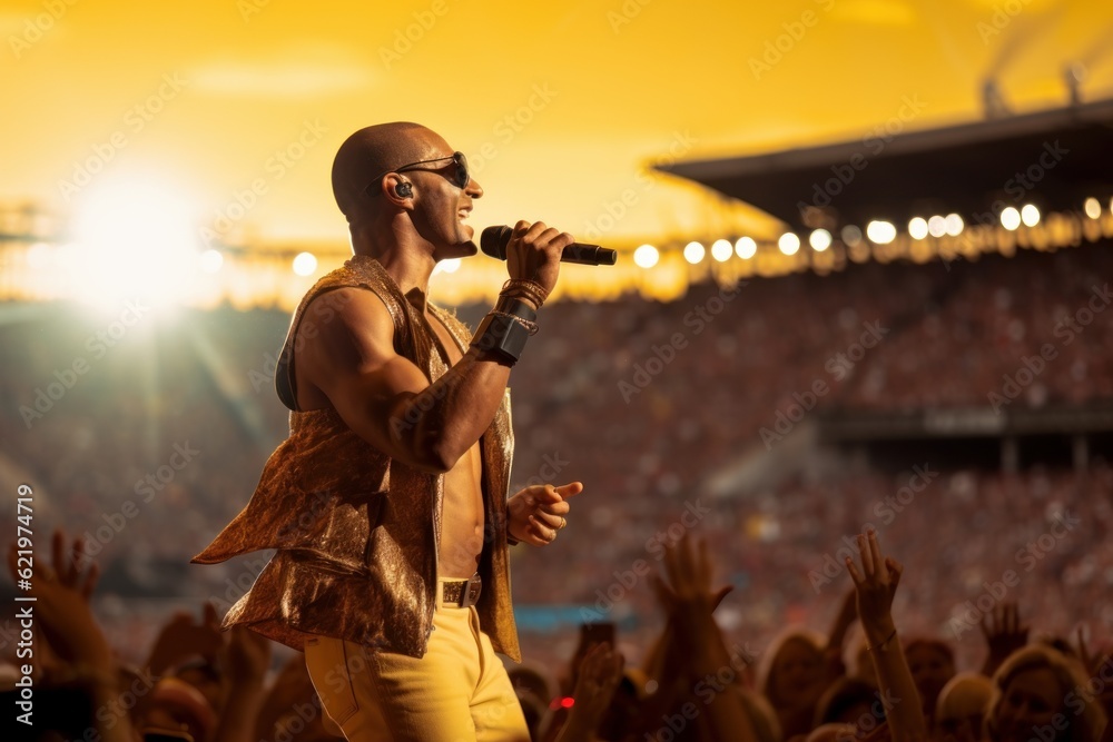 a bald rapper and pop singer guy giving music concert in a huge crowded ...
