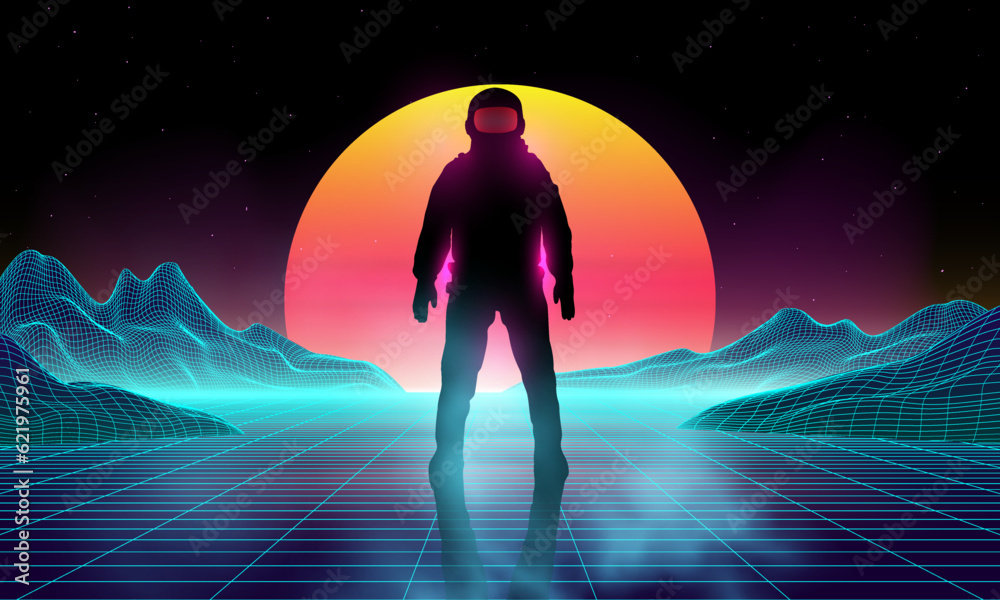 Retrowave, synthwave, vaporwave illustration with laser grid landscape ...