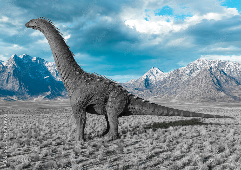 alamosaurus is standing up in the plains and mountains side view Stock ...