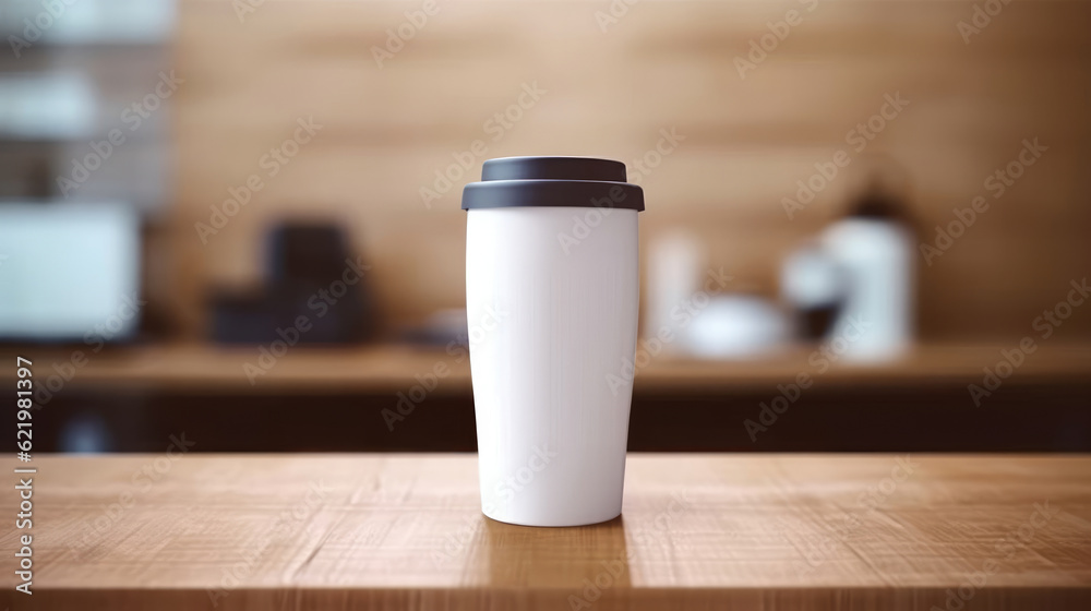 A white travel mug for a mockup blank template on the desk Stock Photo ...