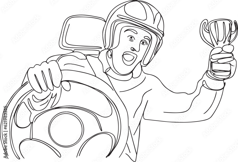 Victory Moment: Continuous Outline Sketch Drawing of Excited Car Racer ...