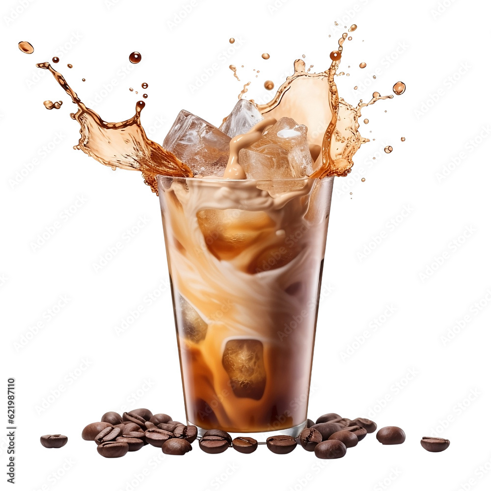 Iced coffee splash isolated on transparent background, delicious iced latte coffee drink ...