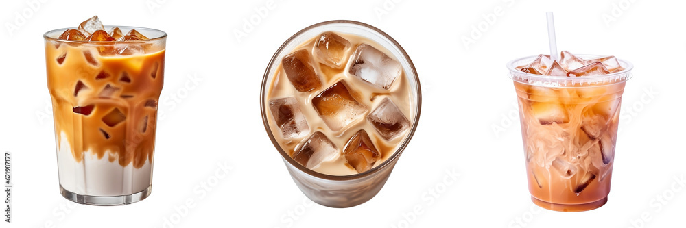 Iced coffee cups isolated on transparent background, top side view ...