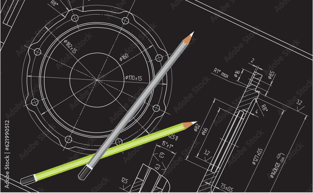 Vector drawing of a round mechanical part with through holes. Steel ...