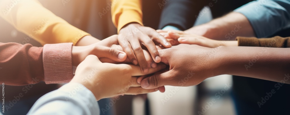 Stack of hands showing unity and teamwork, office background, panorama ...
