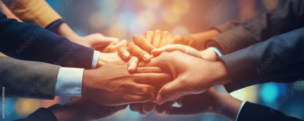 Stack of hands showing unity and teamwork, office background, panorama ...
