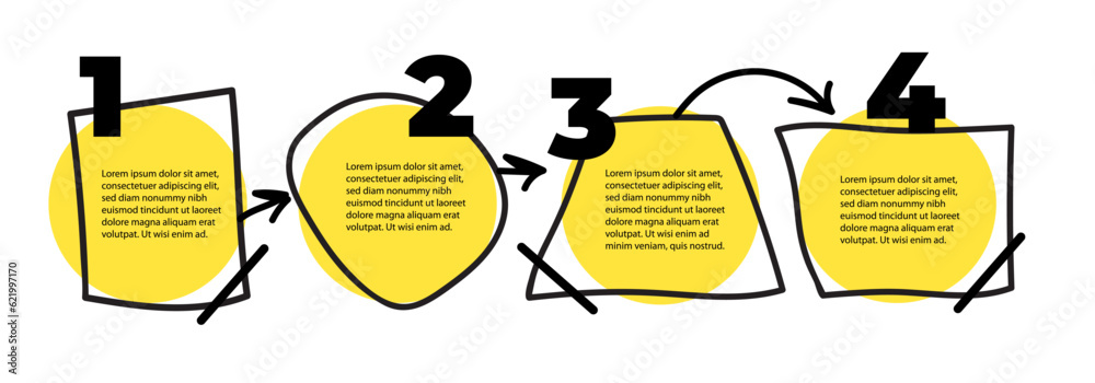 4 steps infographic with hand drawn text box, arrows. Step by step instruction. Empty way ...