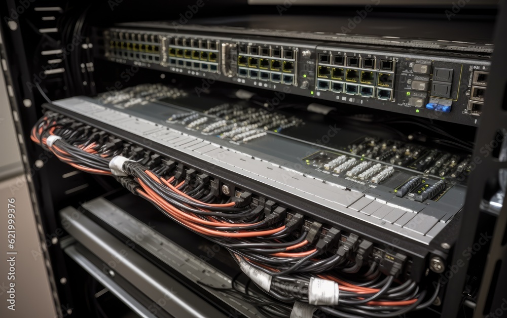 Server rack with fiber optic cables attached to front panel switch ...