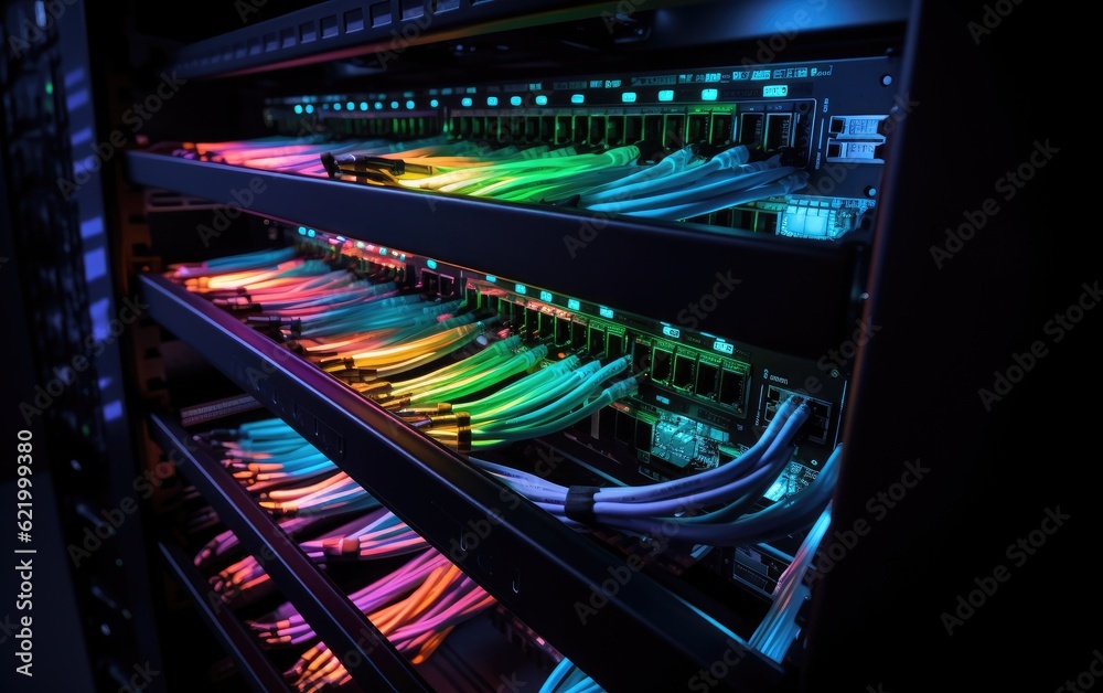 Server rack with fiber optic cables attached to front panel switch ...