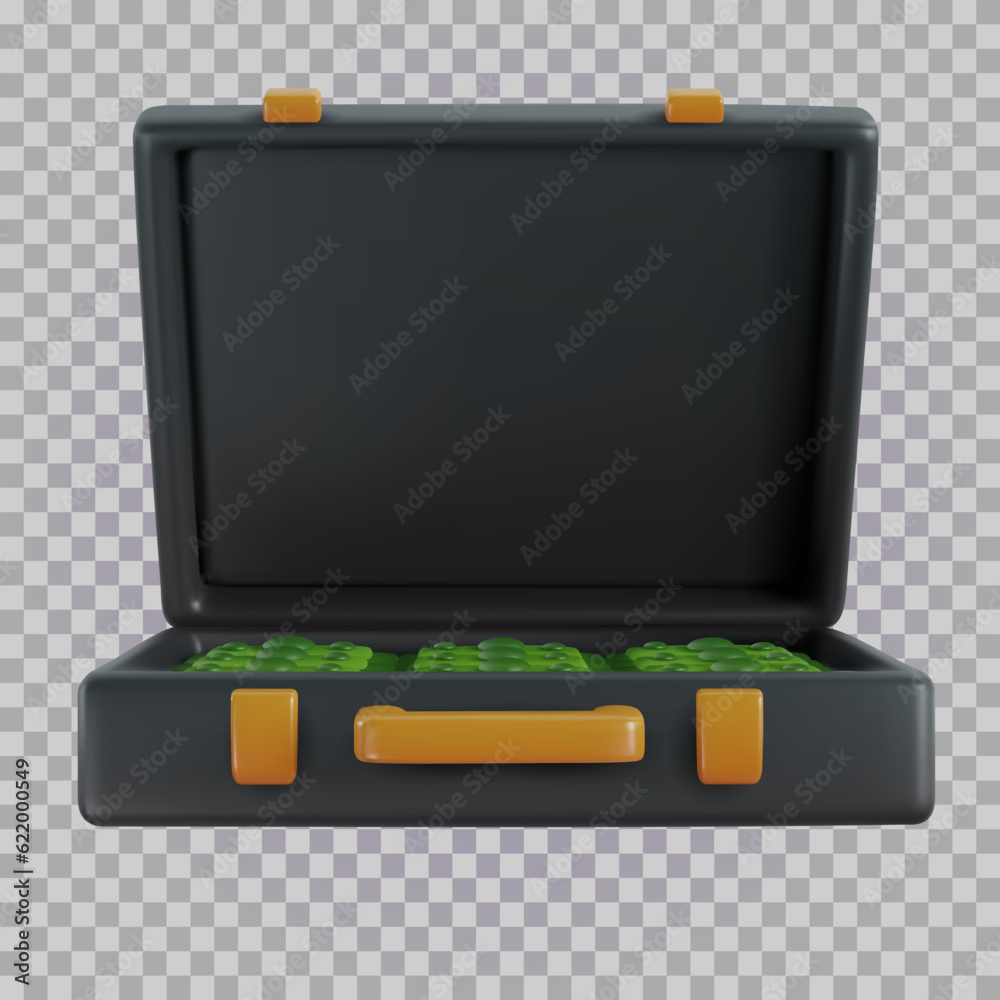 Vector 3d open leather black suitcase with cash paper green money in ...