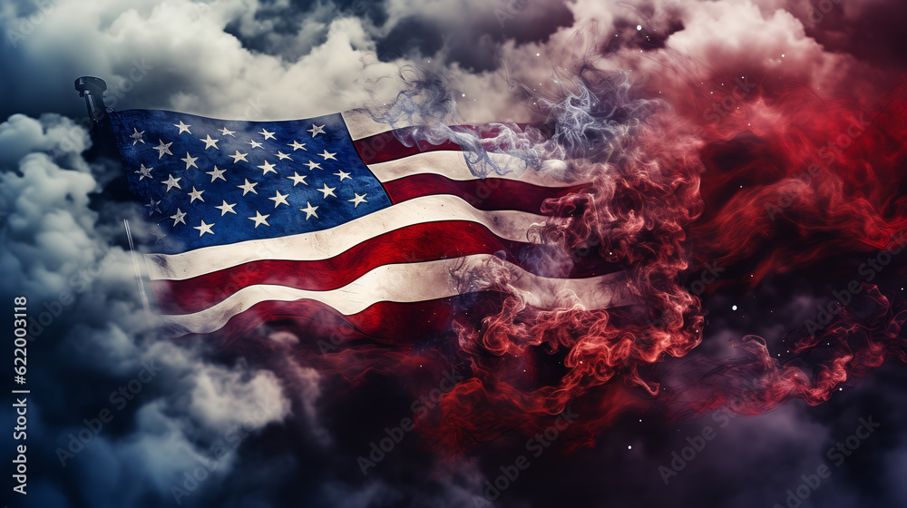 american flag colors from smoke explosion of cloudy firework at USA ...