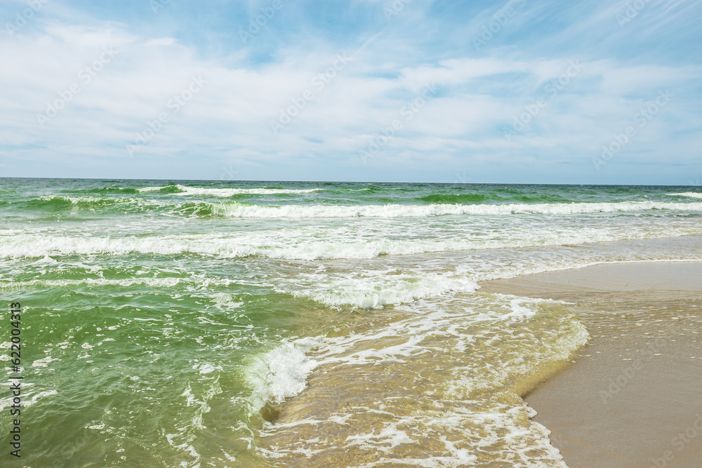 Beautiful aesthetics sea waves and sand beach, blue clouds sky ...