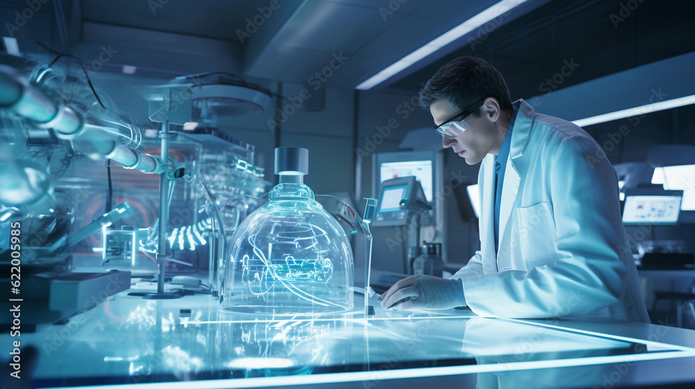 a modern, pristine laboratory setting. A scientist in a white lab coat ...