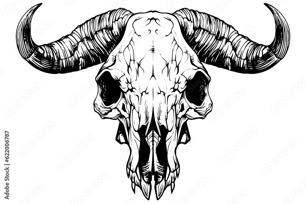 Buffalo skull hand drawn vector illustration in engraving style ink ...