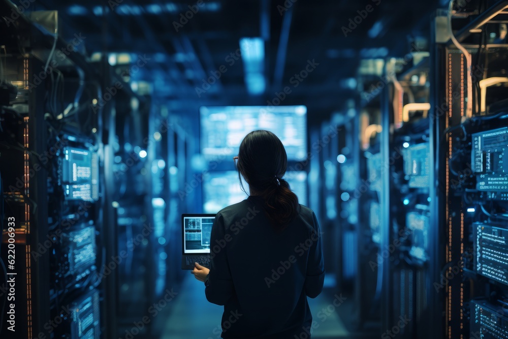 Data center expert, backside view, utilizing tablet for augmented VFX ...