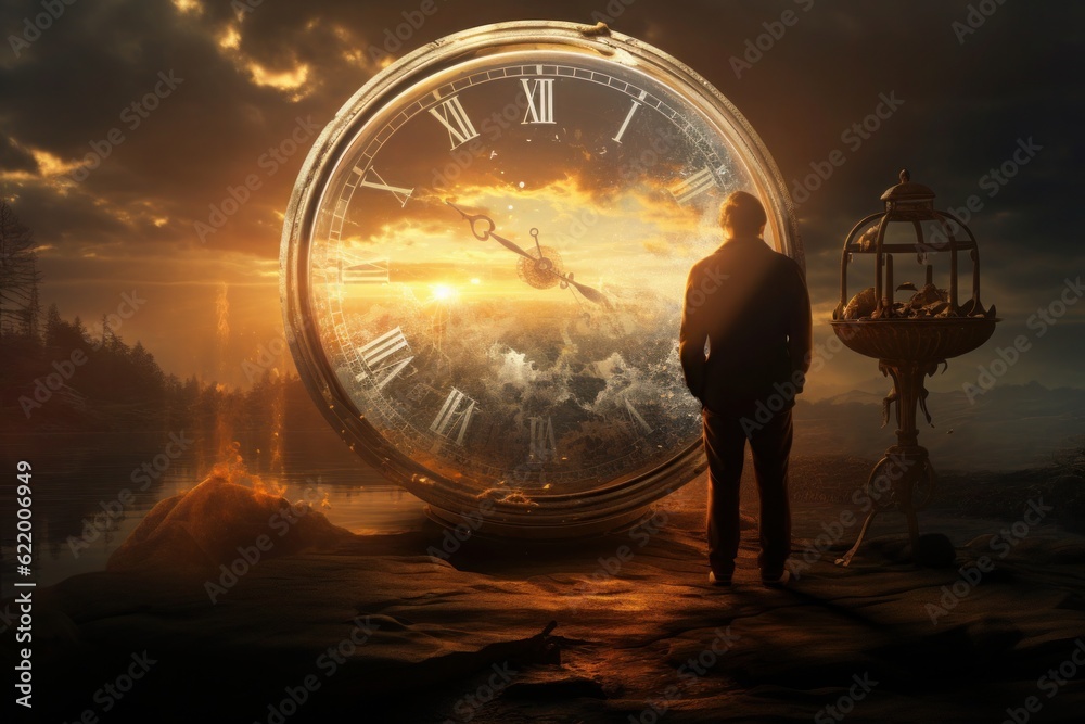 Time in a surreal realm: A lone figure gazes at a colossal clock in a ...