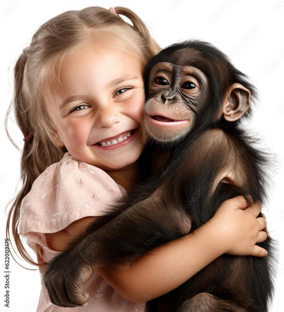 Cute blond girl is hugging a baby chimpanzee isolated on white ...