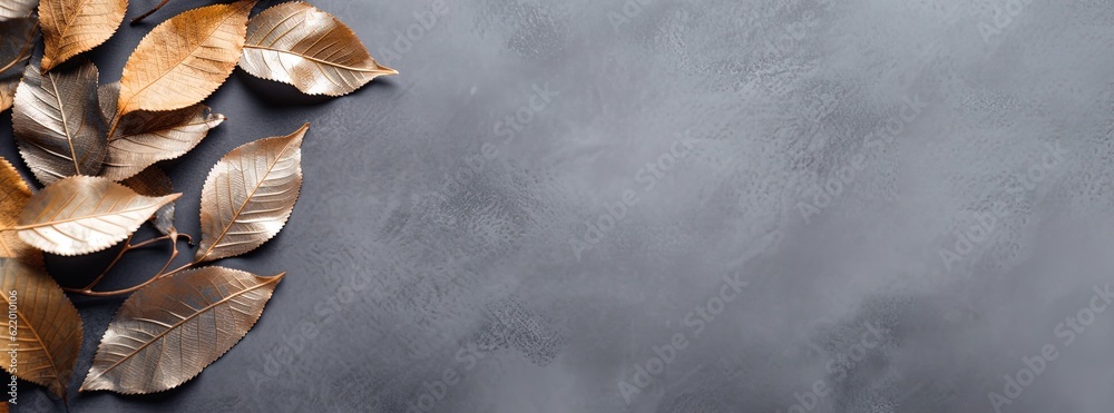 Condolence, loss, grief, mourning, gold leaf on grey background for ...