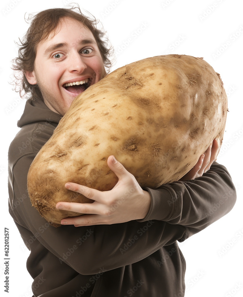 Happy man is holding a giant potato in his arms isolated on white ...