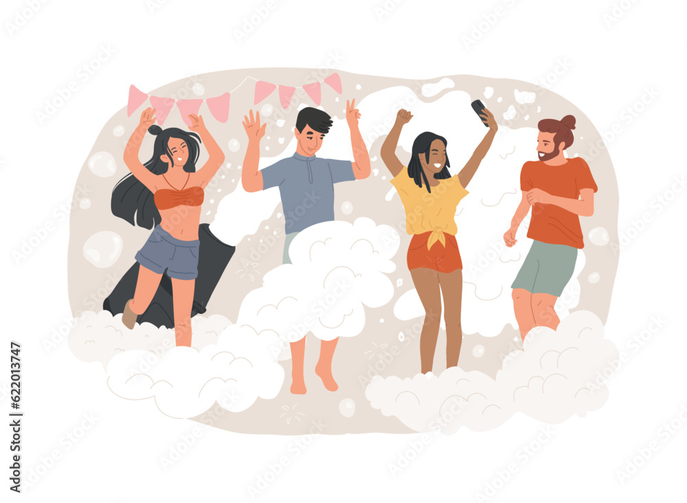 Foam party isolated concept vector illustration. Dancing in bubles and ...