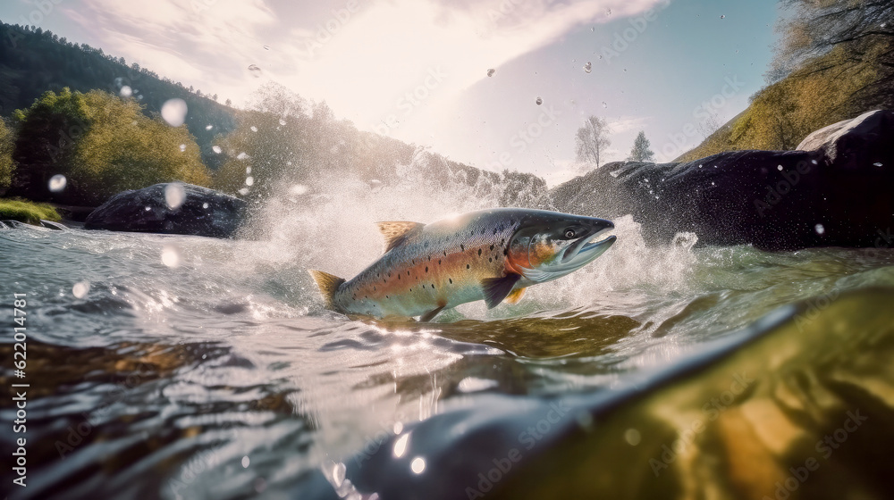 Wild salmon fish jumping from the water and swimming against the ...