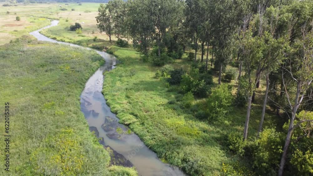 Drone following a long winding river meanders next to a green forest ...