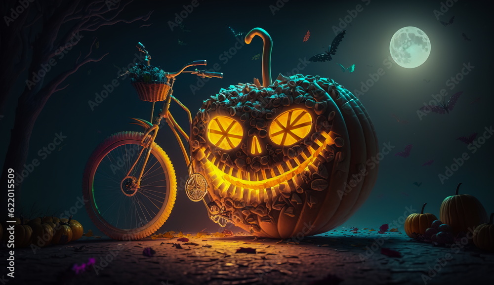 Conceptual Halloween wallpaper with a pumpkin with a glowing face with ...