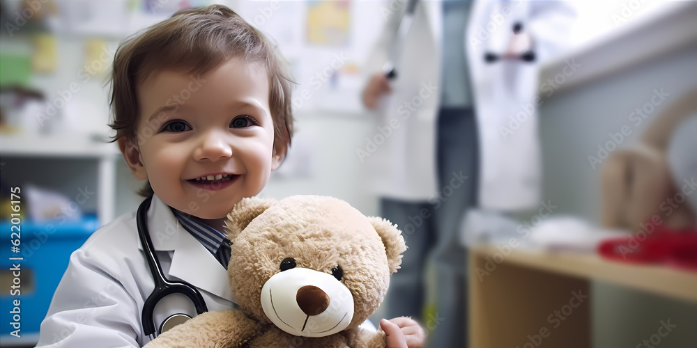 Cute kid boy playing doctor in doctors scrub suit with plush toy at ...